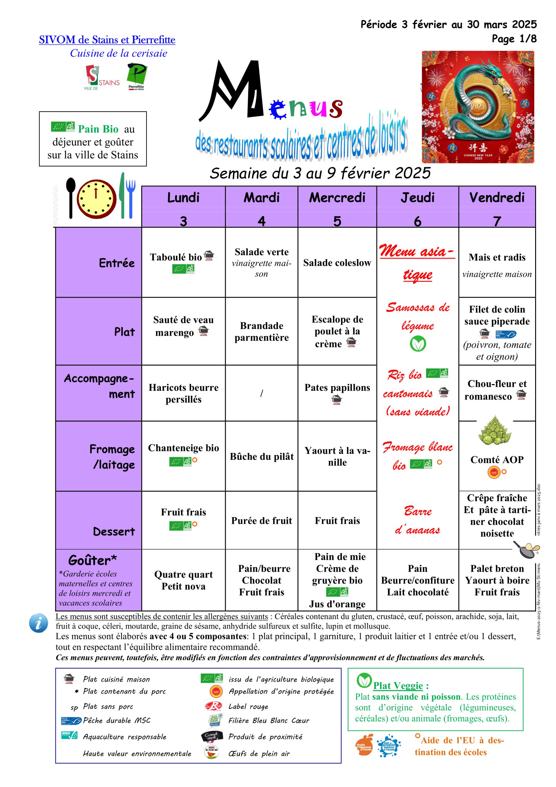 Menus scolaires et centres de loisirs du 3 février 2025 au 30 mars 2025 ...