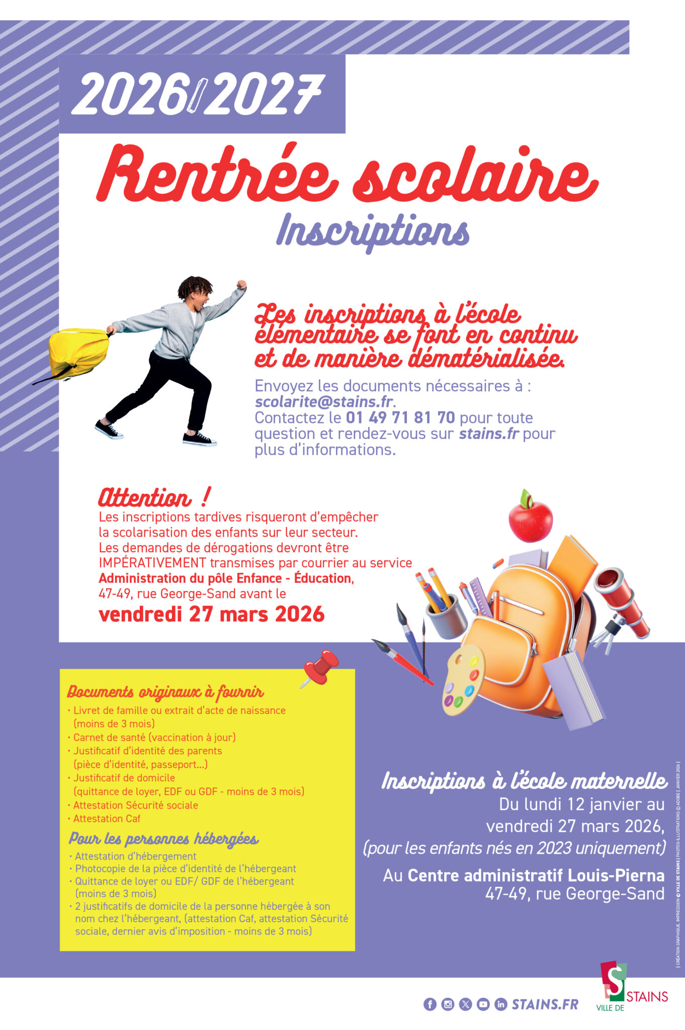 Rentrée scolaire 2026/2027 : ouverture des inscriptions scolaires - Ville de Stains